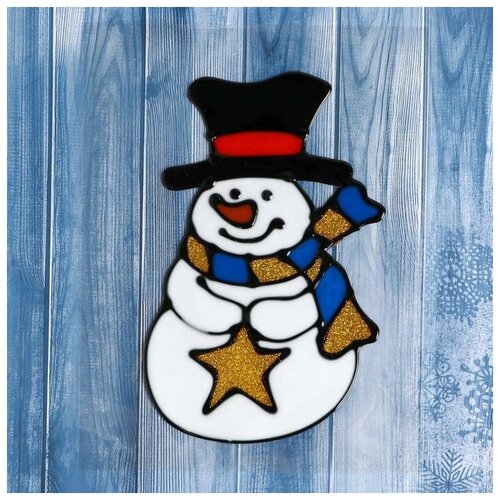 Наклейка на стекло "Снеговик в полосатом шарфе со звездой" 9,5х15 см