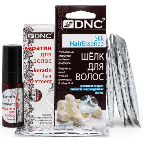 DNC набор: Кератин для волос (20 мл) 1 шт, Шелк для волос (4 по 10 мл) 1 шт и Презент Филлер для волос