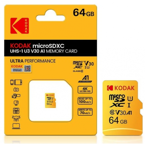 Карта памяти MicroSD Kodak 64GB класс 10 UHS-1 V30 U3 A1 4K Ultra Perfomance