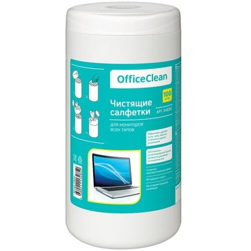 Салфетки чистящие влажные Officeclean , для мониторов всех типов, в тубе, 100шт.