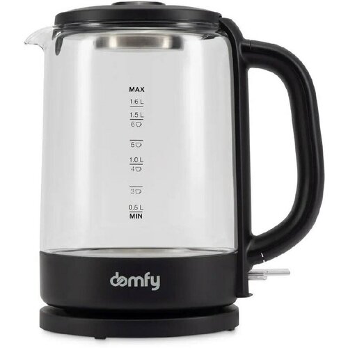 Чайник электрический DOMFY, 2200Вт, 1.7 л, чайник из стекла и пластика, черного цвета