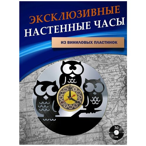 Часы настенные из Виниловых пластинок - Совы (серебристая подложка)