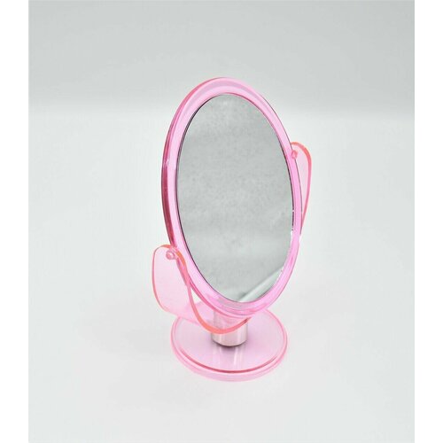 Зеркало настольное овальное 15х14см, двустороннее, пластиковое на ножке, розовое
