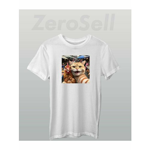 Футболка Zerosell селфи кот с курицей, размер 7XL, белый