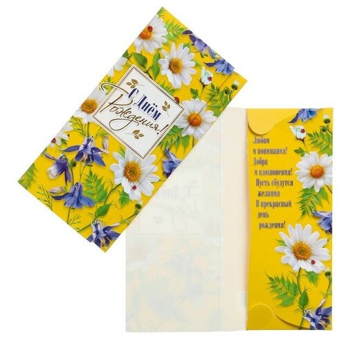 Конверт для денег "С Днем Рождения!" цветы, желтый фон, 10 штук