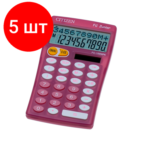 Комплект 5 шт, Калькулятор настольный Citizen FC-100NPK, 10 разр, двойное питание, 76*128*17мм, розовый