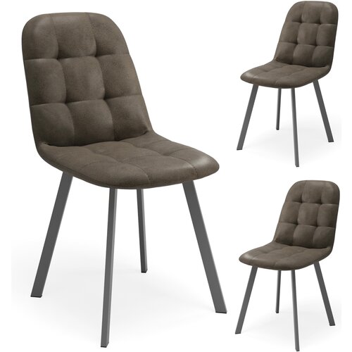 Комплект мягких стульев со спинкой для кухни 3 шт, темно-коричневая экозамша, каркас серый