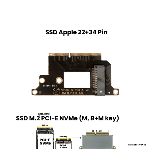 Адаптер-переходник для установки диска SSD M.2 NVMe (M key) в разъем SSD Apple (22+34 Pin) на MacBook Pro 13" Late 2016, Mid 2017 / NFHK N-1708A V6