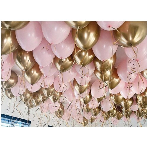 Воздушные шары под потолок "Розовый с золотом" с гелием 20 шт.