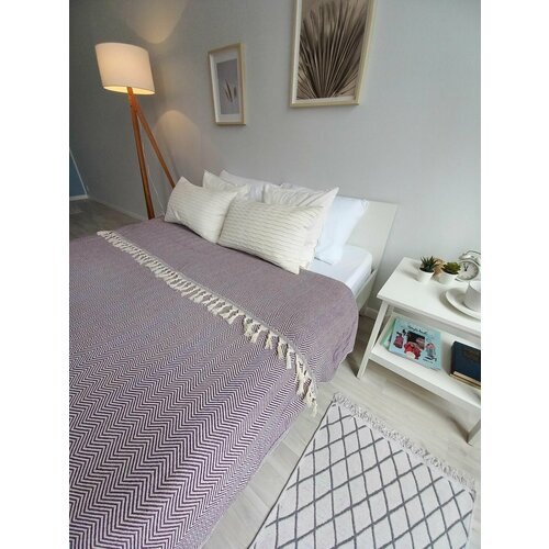 Покрывало на кровать, хлопковый плед, одеяло, 100 % хлопок, 200*220 см, ёлочка фиолетовая