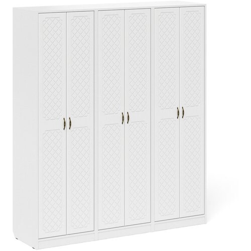 Три широких шкафа с дверками в прихожую П-6, цвет белая шагрень/фасады МДФ белое дерево фрезеровка ромб, ШхГхВ 180х50х210 см.