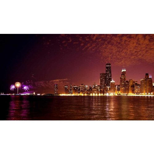 Картина на холсте 110x60 LinxOne "США Чикаго феерверк ночь" интерьерная для дома / на стену / на кухню / с подрамником