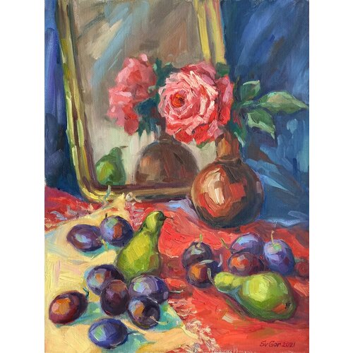 Картина маслом "Фрукты с розой" 40*30 см Светлана Горцева