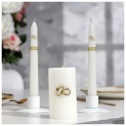 Свеча-цилиндр свадебная "Обручальные кольца", 5х9,5 см, белая, домашний очаг, ручная работа
