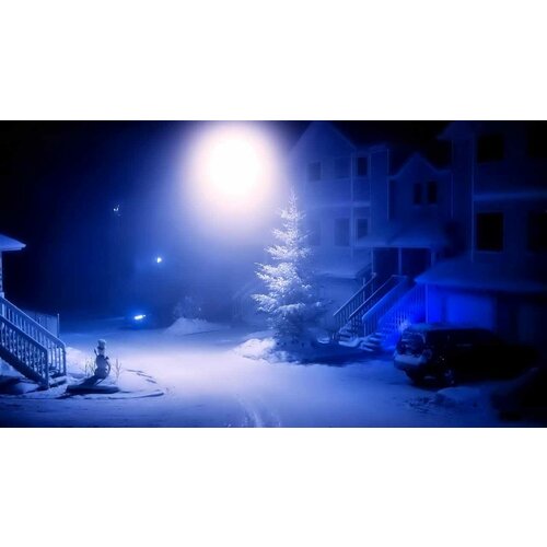 Картина на холсте 60x110 LinxOne "Зима машина снеговик свет двор" интерьерная для дома / на стену / на кухню / с подрамником