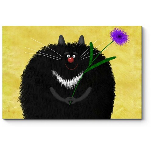 Модульная картина Милый черный кот с фиолетовой астрой 30x20