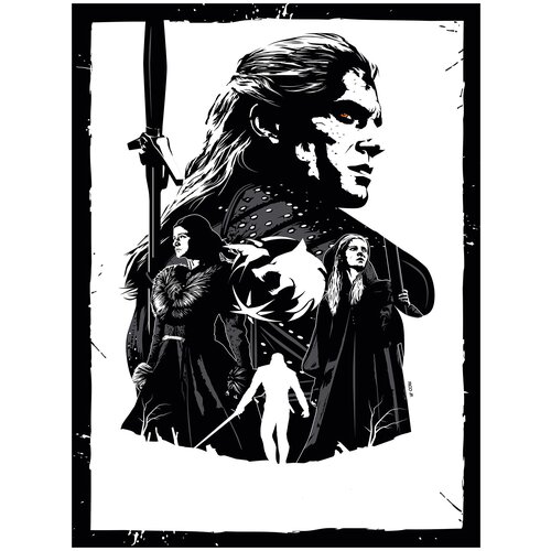 Постер / Плакат / Картина Ведьмак. Черно-белый портрет 40х50 см в подарочном тубусе
