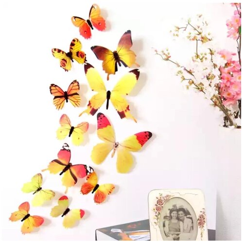 12 шт. бабочки наклейки на стену/ Украшения дома/ 3D бабочка самоклеящиеся наклейки/Цвет желтый