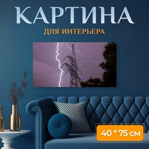Картина на холсте "Шторм, молния, буря" на подрамнике 75х40 см. для интерьера