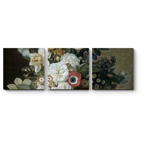 Модульная картина Пышный букет из роз, тюльпанов и ирисов 100x33
