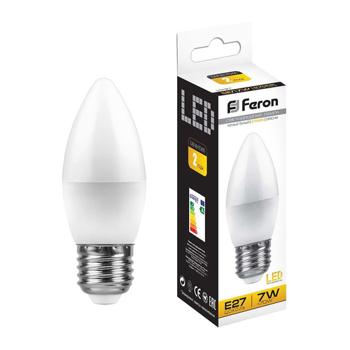 Лампа светодиодная LED 7вт E27 теплый матовая свеча | код 25758 | FERON (6шт. в упак.)