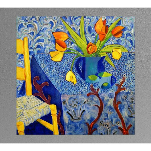 Картина для интерьера "Синий фон" Элиза Боунер 70х70 см натуральный холст. Коллекция - натюрморт, кубизм, пейзаж, мексиканская живопись.