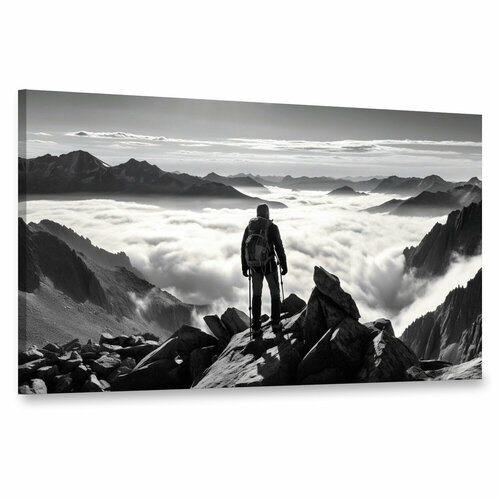 Интерьерная картина 100х60 "Горы в облаках: приключение в высоте"