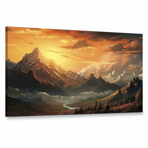 Интерьерная картина 100х60 "Горы и заря: волшебство рассвета"