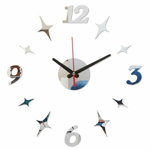 SUI Часы-наклейка, серия: DIY, "Звезды", плавный ход, d-40 см, серебро