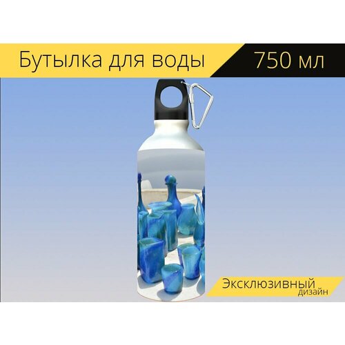 Бутылка фляга для воды "Вазы, синий, стекло" 750 мл. с карабином и принтом