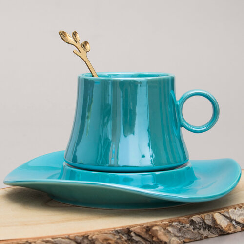Кружка кофейная Smart (N 2) синяя 180 мл Эврика, чашка с блюдцем и ложкой, чайная пара подарочная женская, мужская 14 февраля, 23 февраля, 8 марта