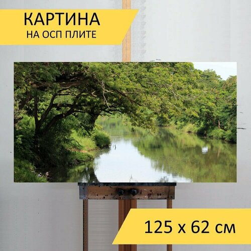 Картина на ОСП 125х62 см. "Пейзаж, река, отражение" горизонтальная, для интерьера, с креплениями