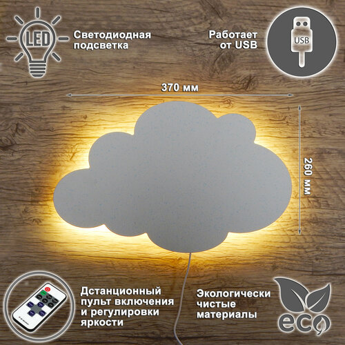 Ночник детский облако С пультом/светильник светодиодный для сна облачко настенный деревянный, питание от USB, белоголубой
