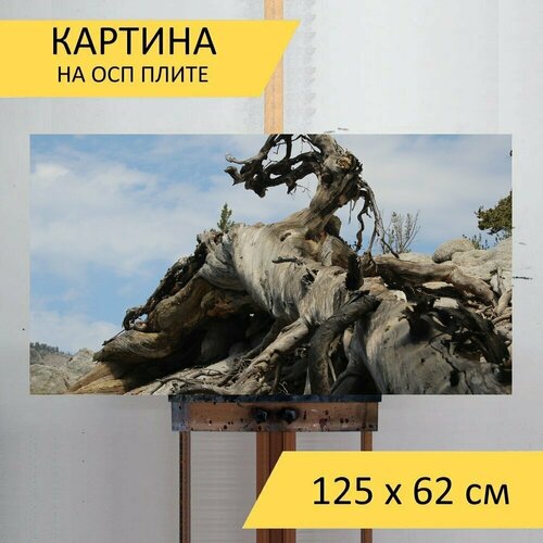 Картина на ОСП 125х62 см. "Скрученный, древесина, гора" горизонтальная, для интерьера, с креплениями