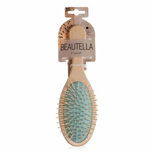 Расческа Beautella деревянная массажная овальная с пластиковыми зубчиками, цветная подушечка