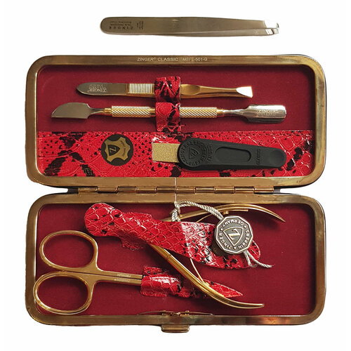 Маникюрный набор Premium-качества Zinger MSFE-501-3 G, 5 предметов + пинцет, золотистые инструменты, чёрно-красный футляр
