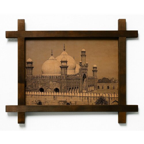 Картина Мечеть Бадшахи, Пакистан, гравировка на натуральной коже, в деревянной раме, подарок, BoomGift