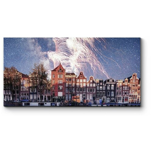 Модульная картина Яркий фейерверк в ночном небе Амстердама 180x90