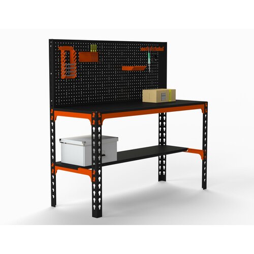 Стол металлический Metalex 750х1400х500 + перфопанель с комплектом аксессуаров (оранжево-чёрный)