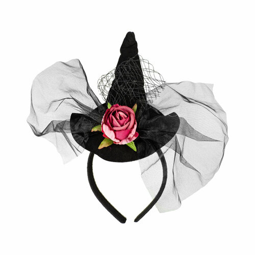 Карнавальный ободок на Новый год "Мини шляпа" черный / Колпак-шляпка с вуалью и розой 1 шт.