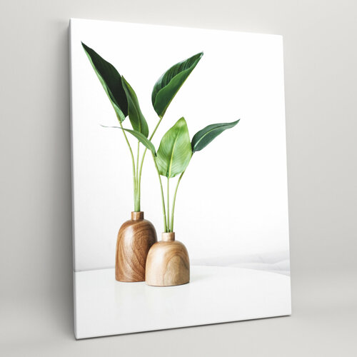 Картина на холсте (интерьерный постер) "Зеленые растения в кашпо" в скандинавском стиле, с деревянным подрамником, размер 30x40 см