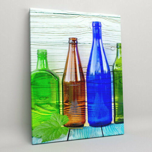 Картина на холсте (интерьерный постер) "Натюрморт - разноцветные бутылки", с деревянным подрамником, размер 22x30 см
