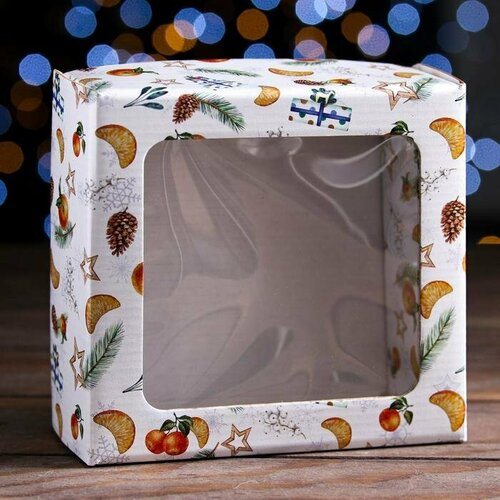 Коробка подарочная, крышка-дно, с окном "Новогоднее настроение", 14,5 х 14,5 х 6 см (комплект из 10 шт)
