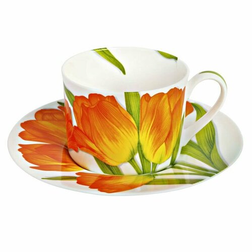 Чайная пара чашка с блюдцем кружка для чая фарфоровая посуда бокал 230 мл. TAITU Flower, цвет: оранжевый, FREEDOM