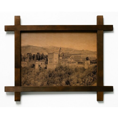 Картина Альгамбра, Испания, гравировка на натуральной коже, интерьерная для украшения и декора на стену в деревянной раме, подарок, BoomGift