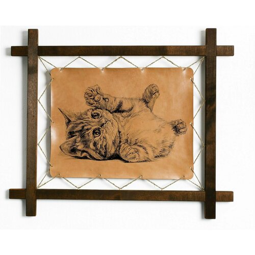 Картина "Котик", интерьерная для украшения и декора на стену кухни гостиной детской комнаты спальни в деревянной рамке, подарок, натуральная кожа, BoomGift