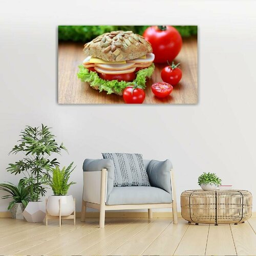 Картина на холсте 60x110 LinxOne "Гамбургер помидор еда" интерьерная для дома / на стену / на кухню / с подрамником