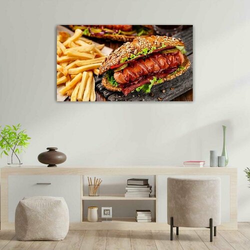 Картина на холсте 60x110 LinxOne "Сосиска булочка бекон хот дог" интерьерная для дома / на стену / на кухню / с подрамником