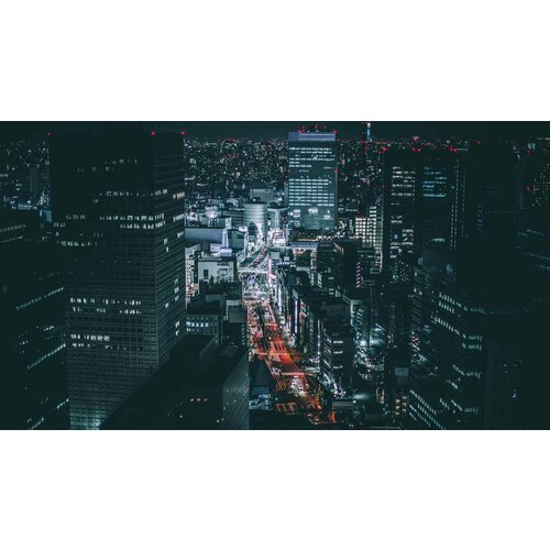 Картина на холсте 60x110 LinxOne "Токио ночь огни темно картинки" интерьерная для дома / на стену / на кухню / с подрамником