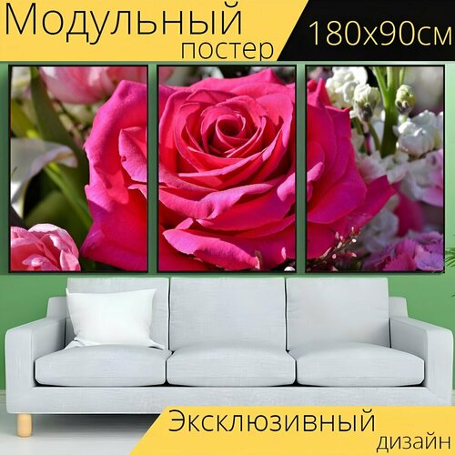 Модульный постер "Роза, букет из роз, букет цветов" 180 x 90 см. для интерьера
